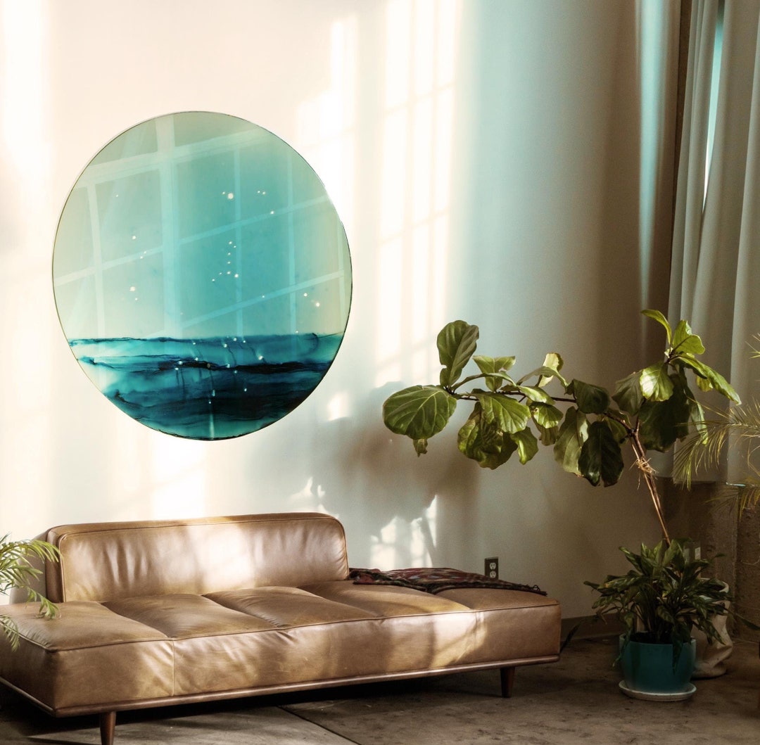 Mirror Wall Art, Blue Home Decor, Original Painting Round Mirror ...