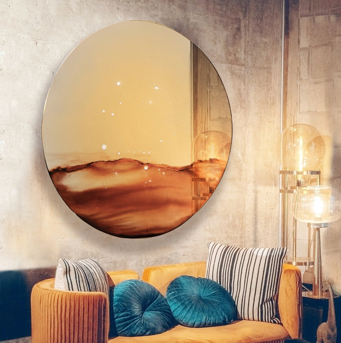 Large Gold Mirror, Hanging Round Mirror Wall Art, Golden Amber Colored ...