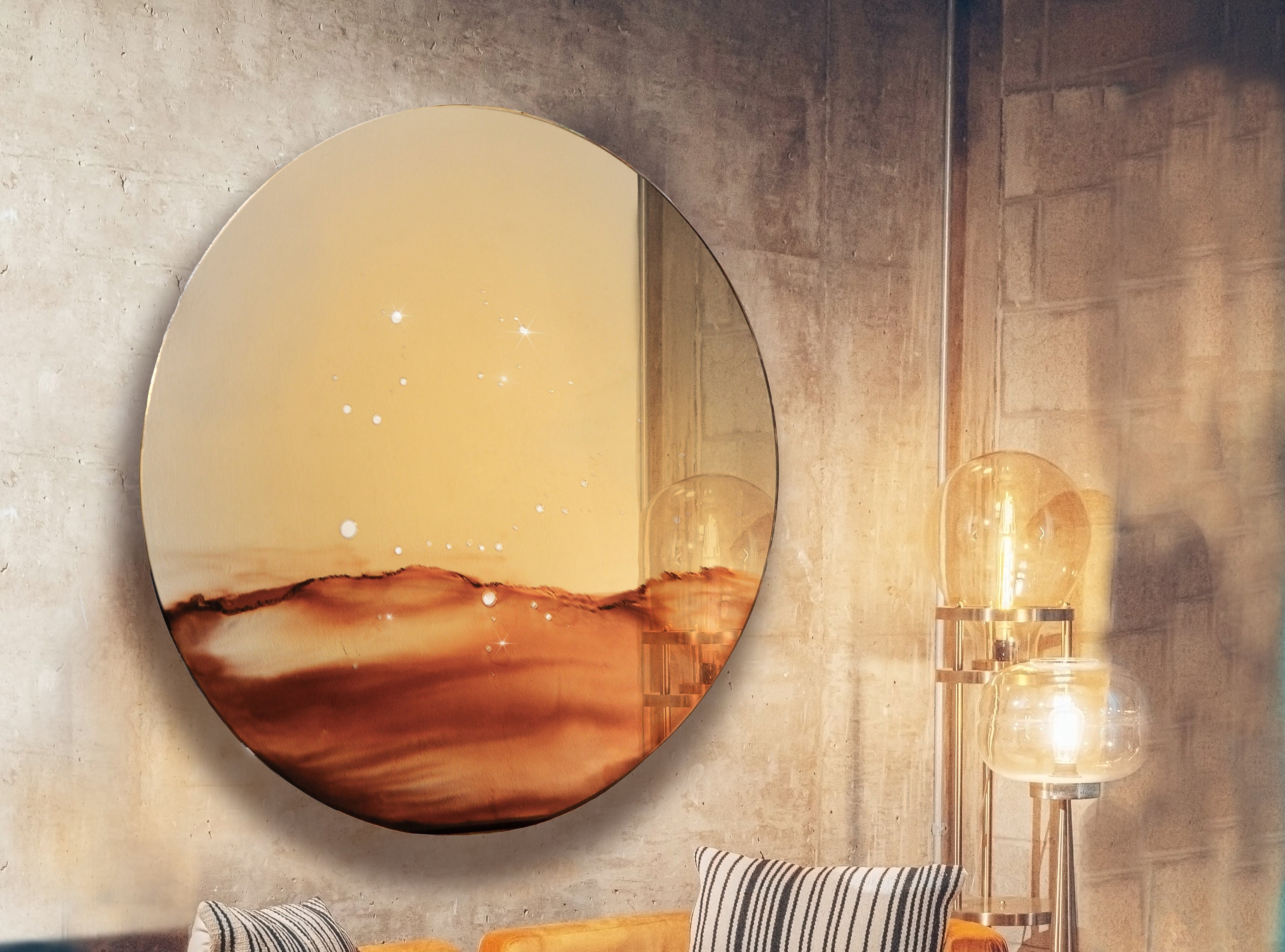 Large Round Wall Mirror, Golden Amber Glass Art, 28 Inch, Artwork for ...