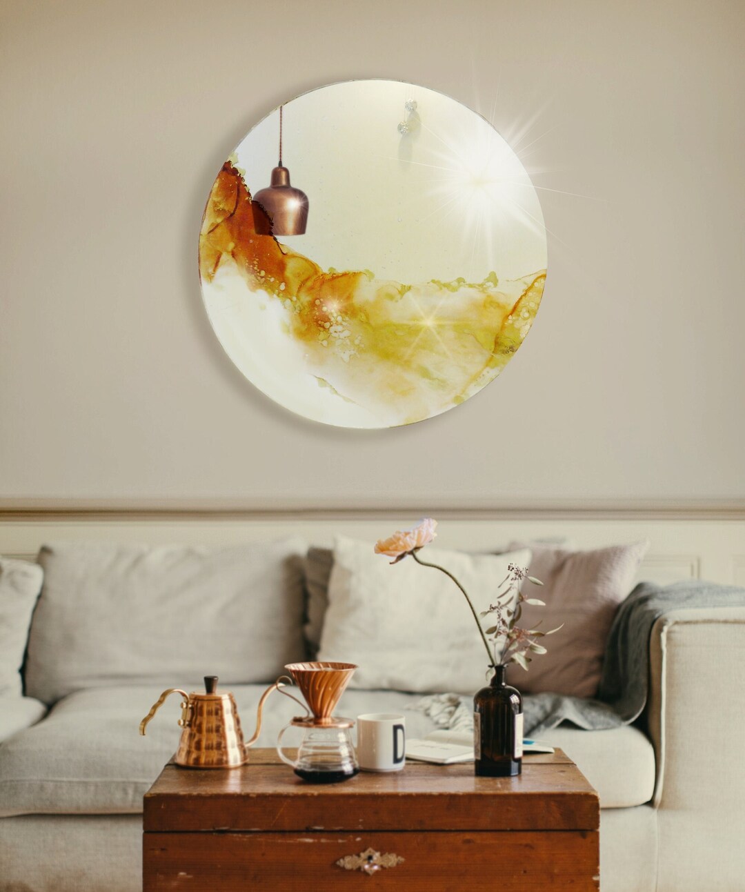 Decorative Mirror Wall Hanging, Golden Round Mirror Original Painting ...