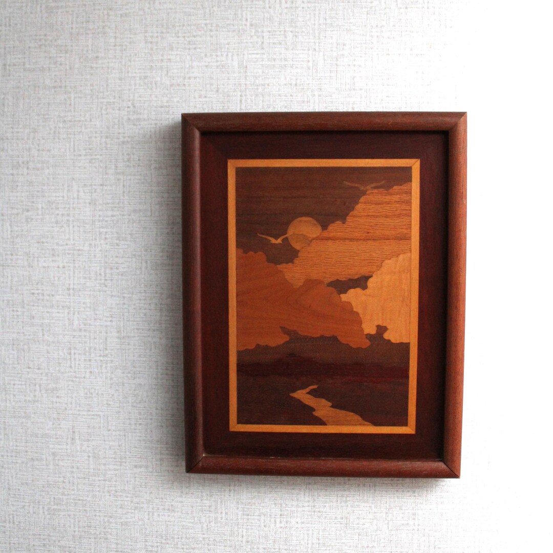 Vintage Wood Inlay Sunrise Sunset Wall Art, Wall Hang, Handmade. - Etsy