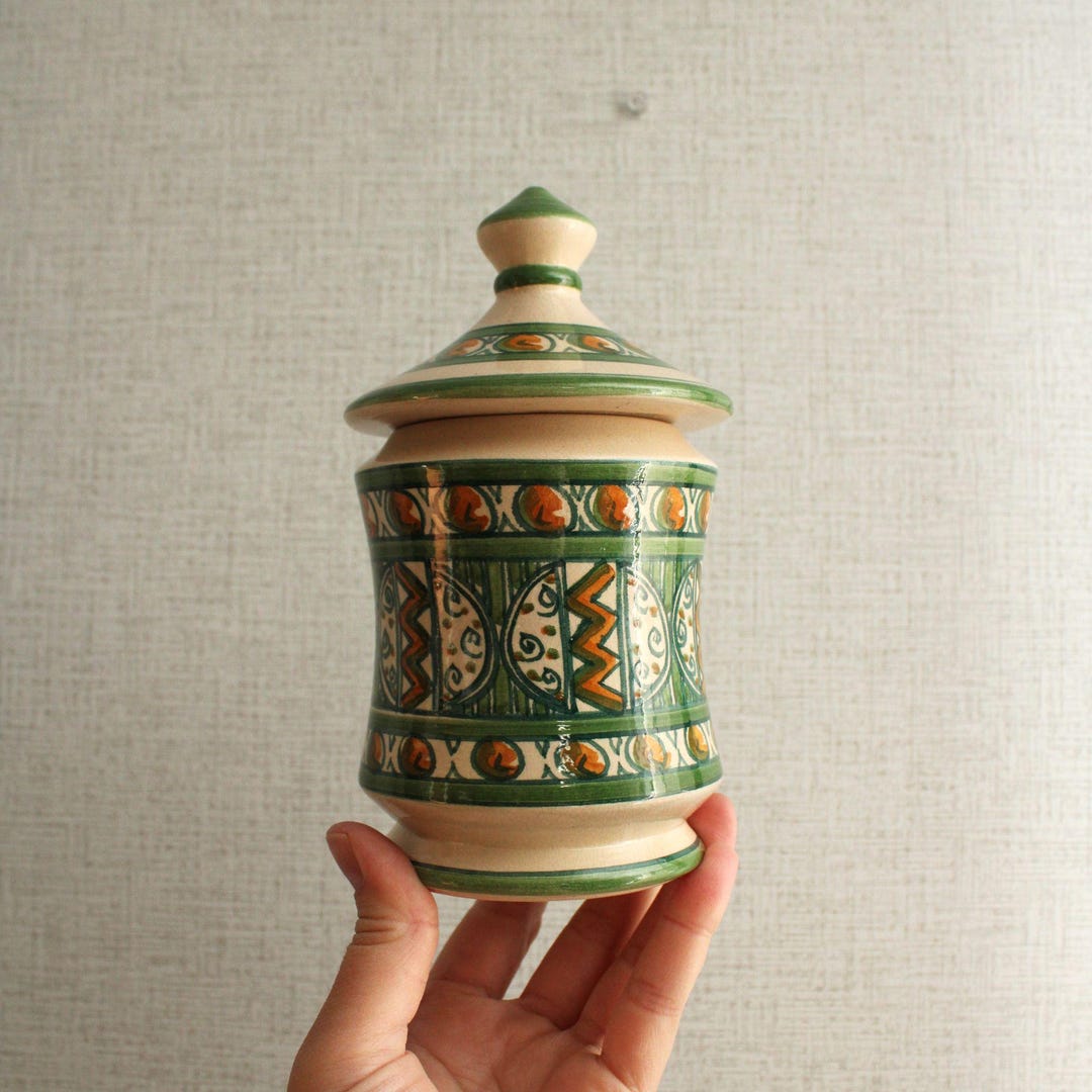 Vintage Aztec Painted Canister, Green, Orange, and Cream, Hand Crafted ...