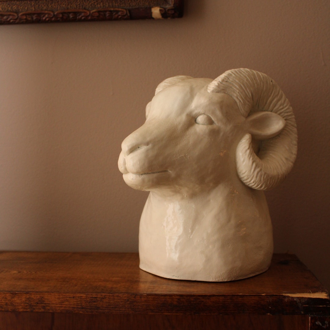 Vintage Ram Head Figure, Long Horn Sheep Sculpture, Bookend, Statement ...