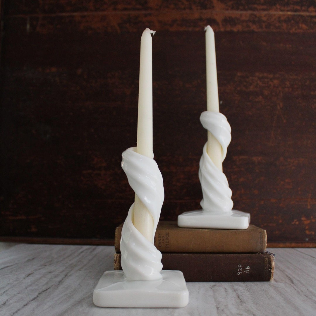 Vintage Spiral Twist Milk Glass Candlestick Pair of Two. - Etsy