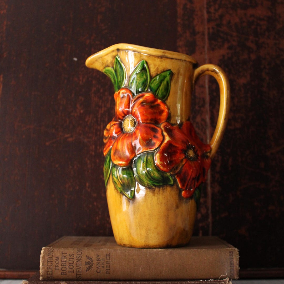 Vintage Mustard Floral Pitcher Vase, Hand Painted, Art Pottery, Vase ...