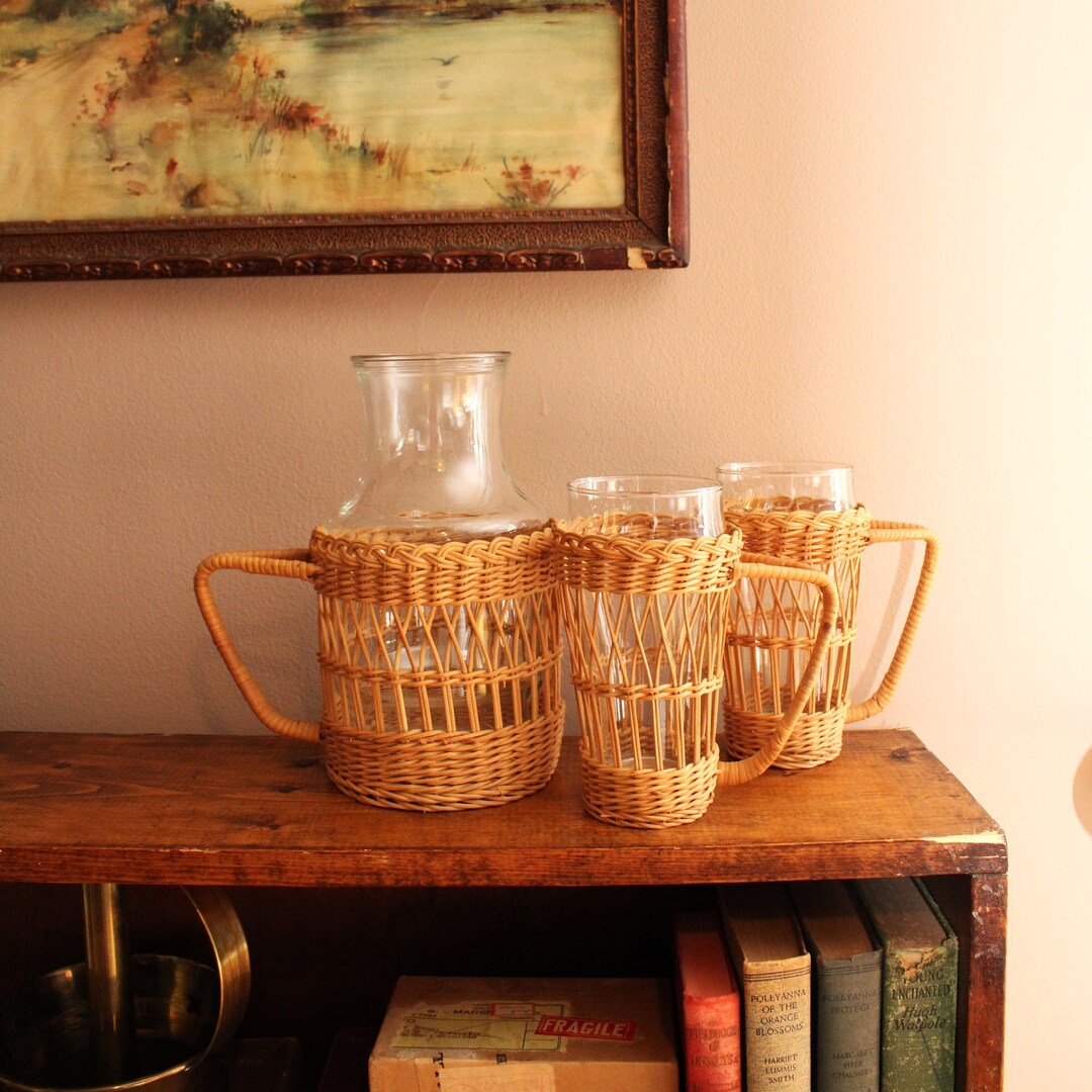 Vintage Rattan Cup and Lemonade Pitcher Set, Wicker Wrapped, Tea for ...