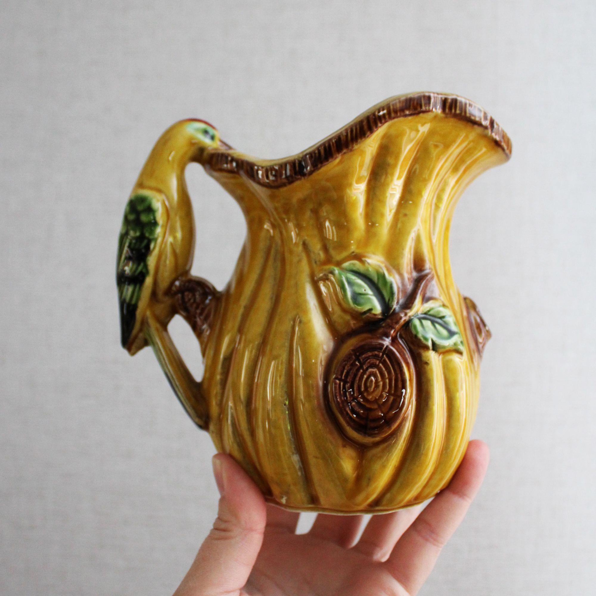 Vintage Mustard Yellow Bird Handle Pitcher, Wooden Tree Vase, Unique - Etsy