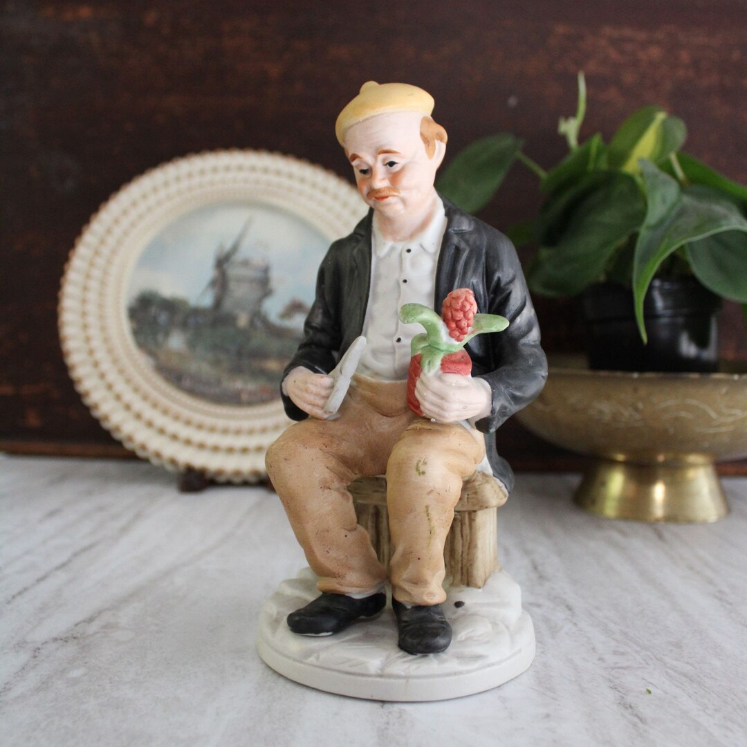Vintage Ceramic Gardener Statue, Male Figure, Sitting With Plant and ...