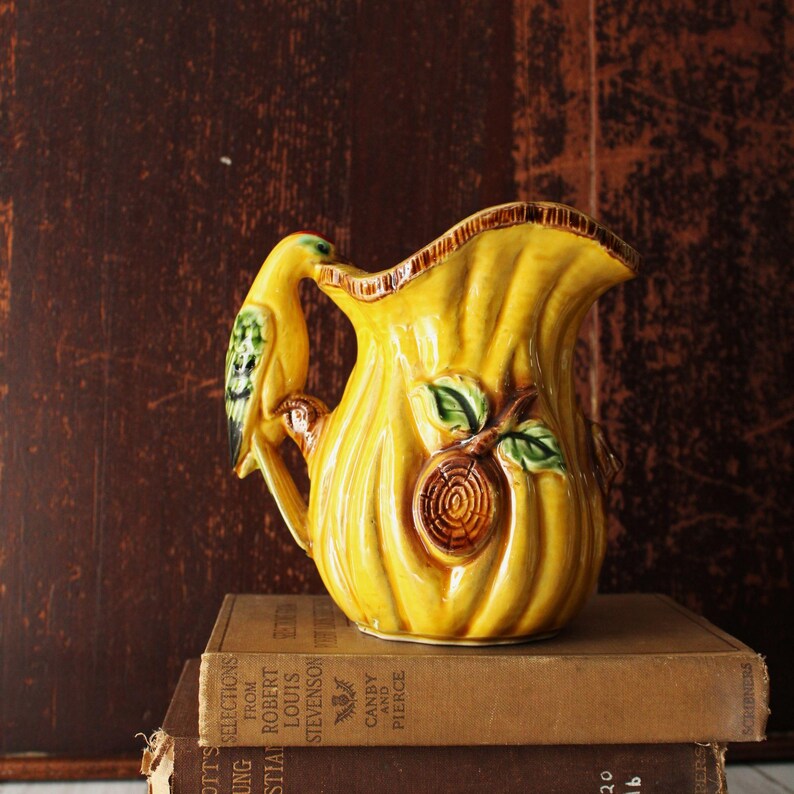 Vintage Mustard Yellow Bird Handle Pitcher, Wooden Tree Vase, Unique - Etsy