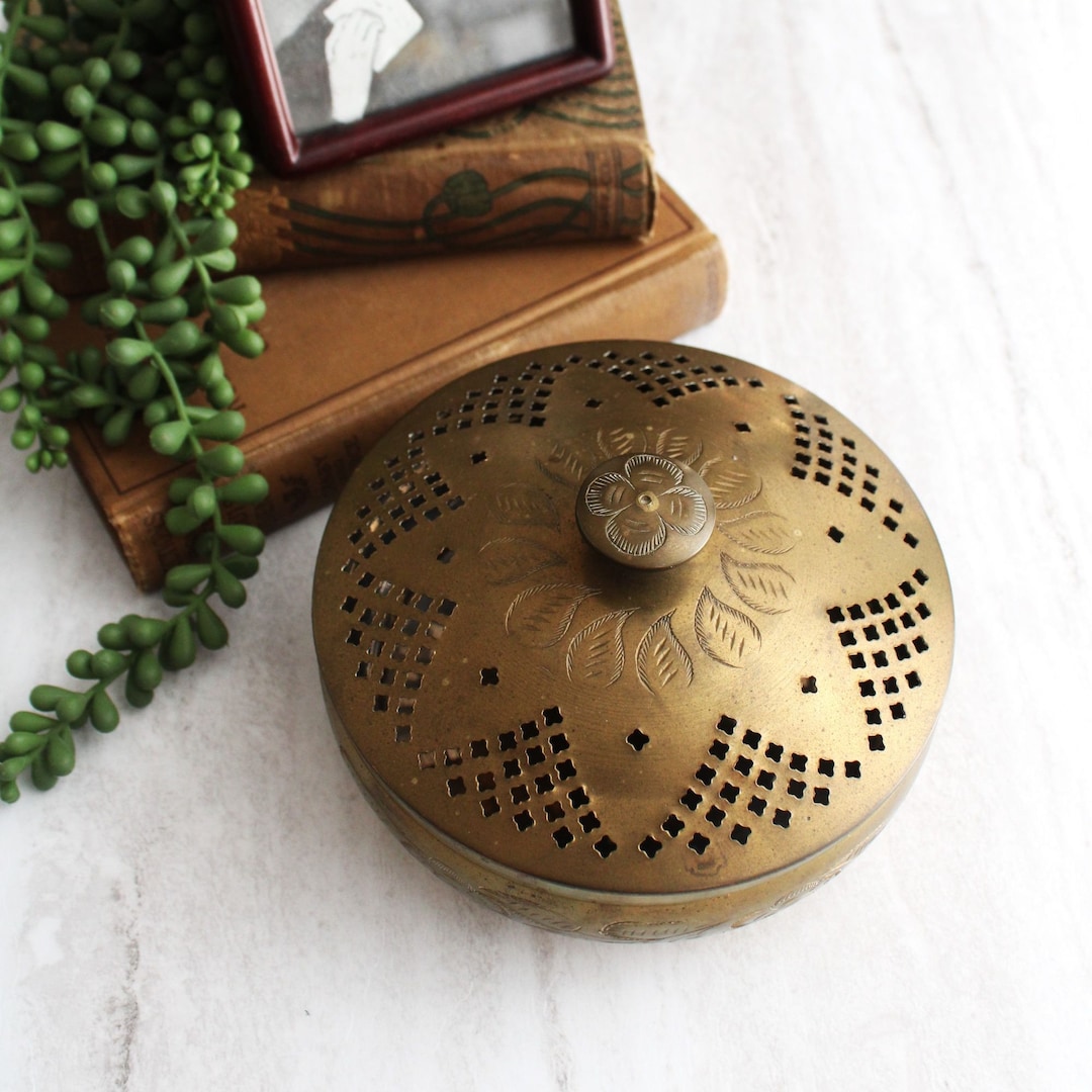 Vintage Brass Cricket Box, Potpourri Canister, Pierced Brass Jar With ...