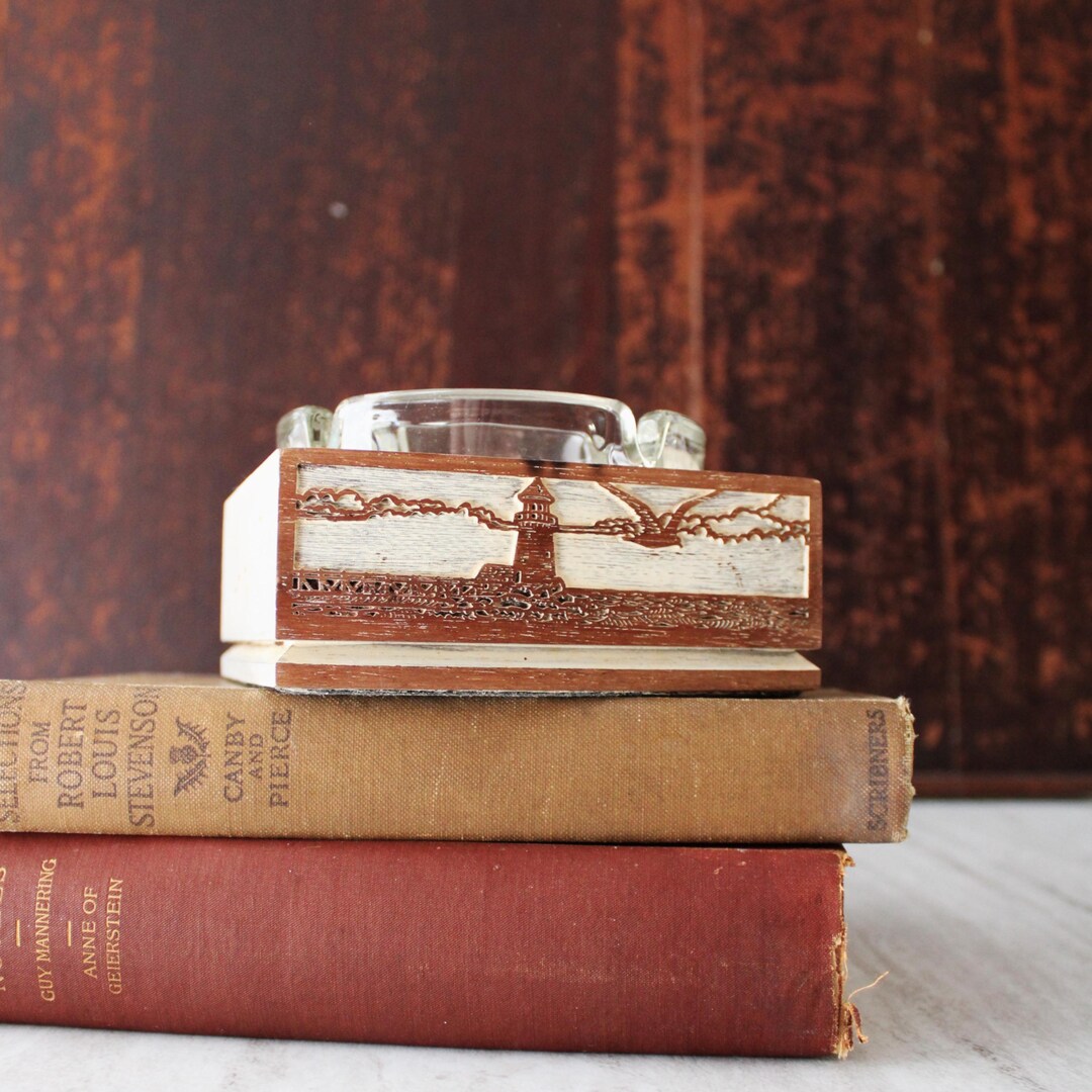 Vintage MCM Laser Engraved Lighthouse Ashtray, Wood With Glass Insert ...