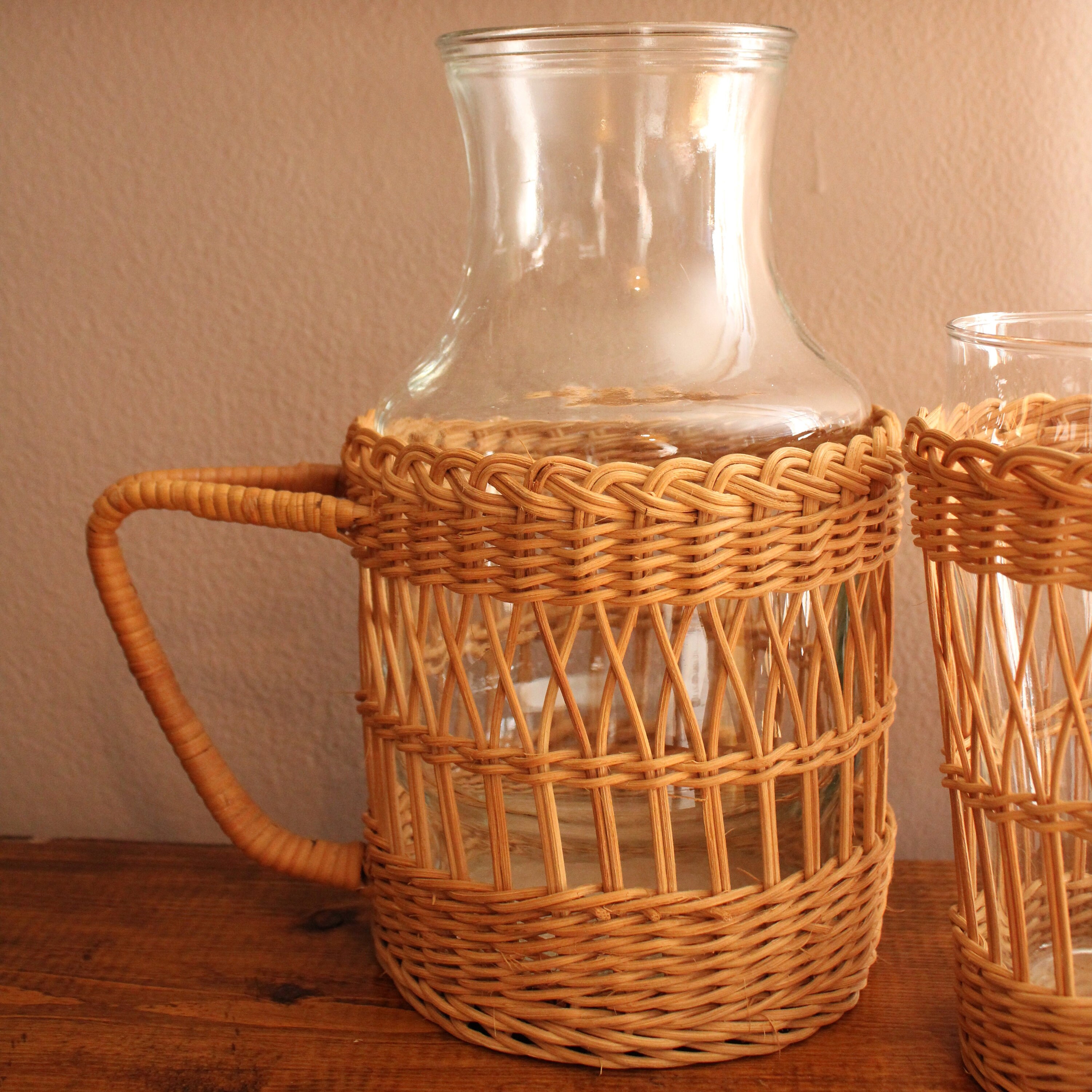 Vintage Rattan Cup and Lemonade Pitcher Set, Wicker Wrapped, Tea for ...