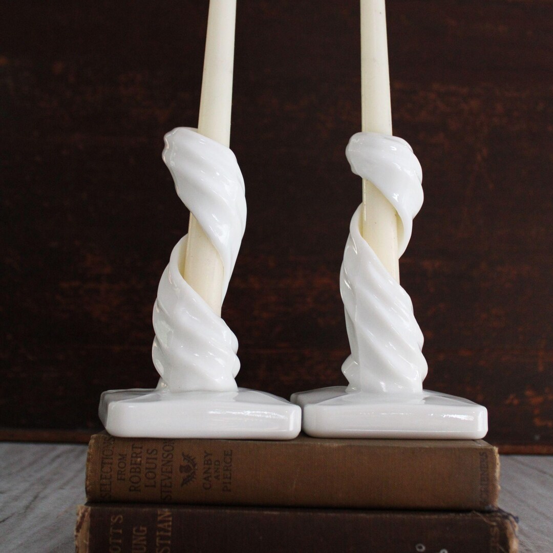 Vintage Spiral Twist Milk Glass Candlestick Pair of Two. - Etsy