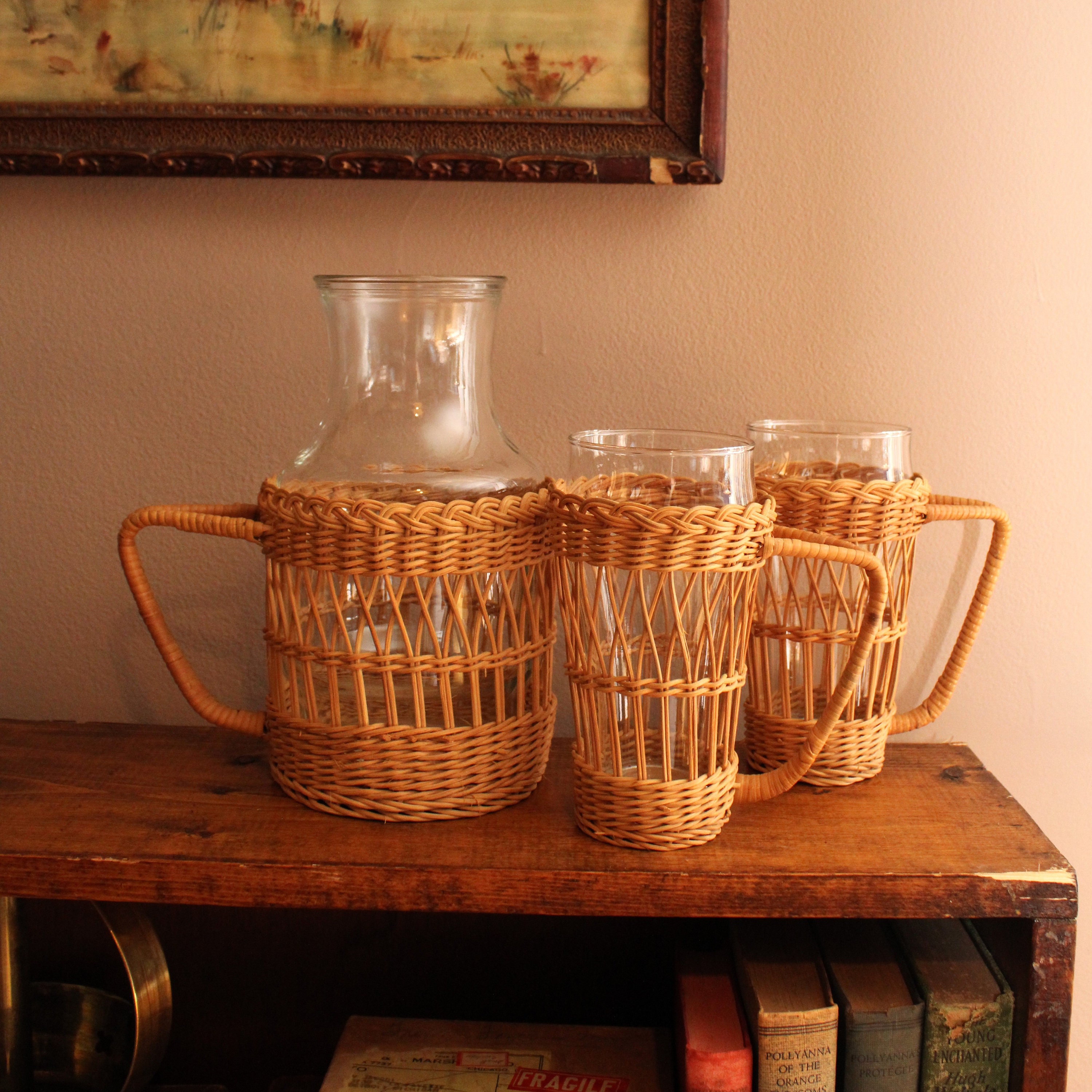 Vintage Rattan Cup and Lemonade Pitcher Set, Wicker Wrapped, Tea for ...
