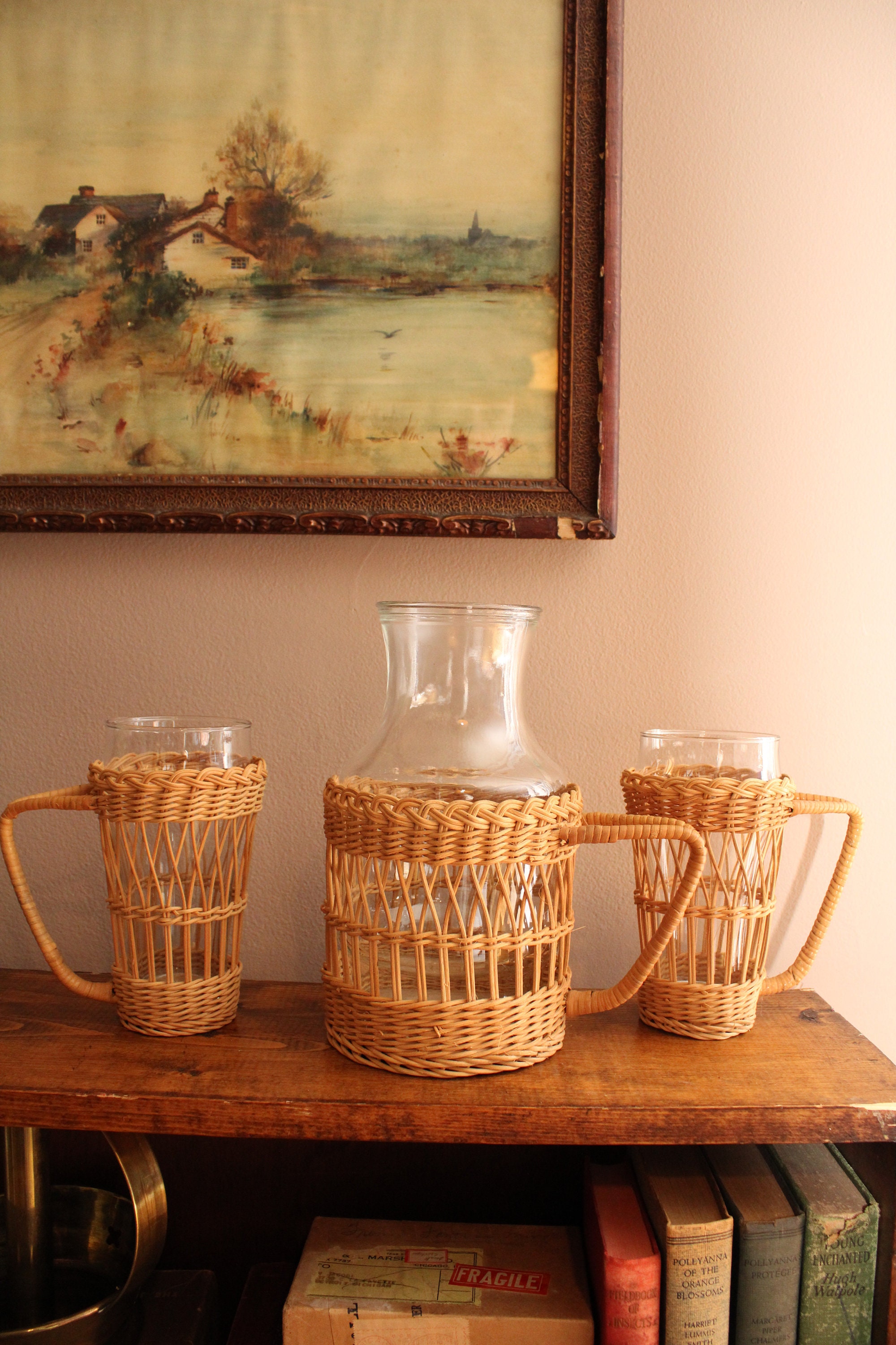 Vintage Rattan Cup and Lemonade Pitcher Set, Wicker Wrapped, Tea for ...