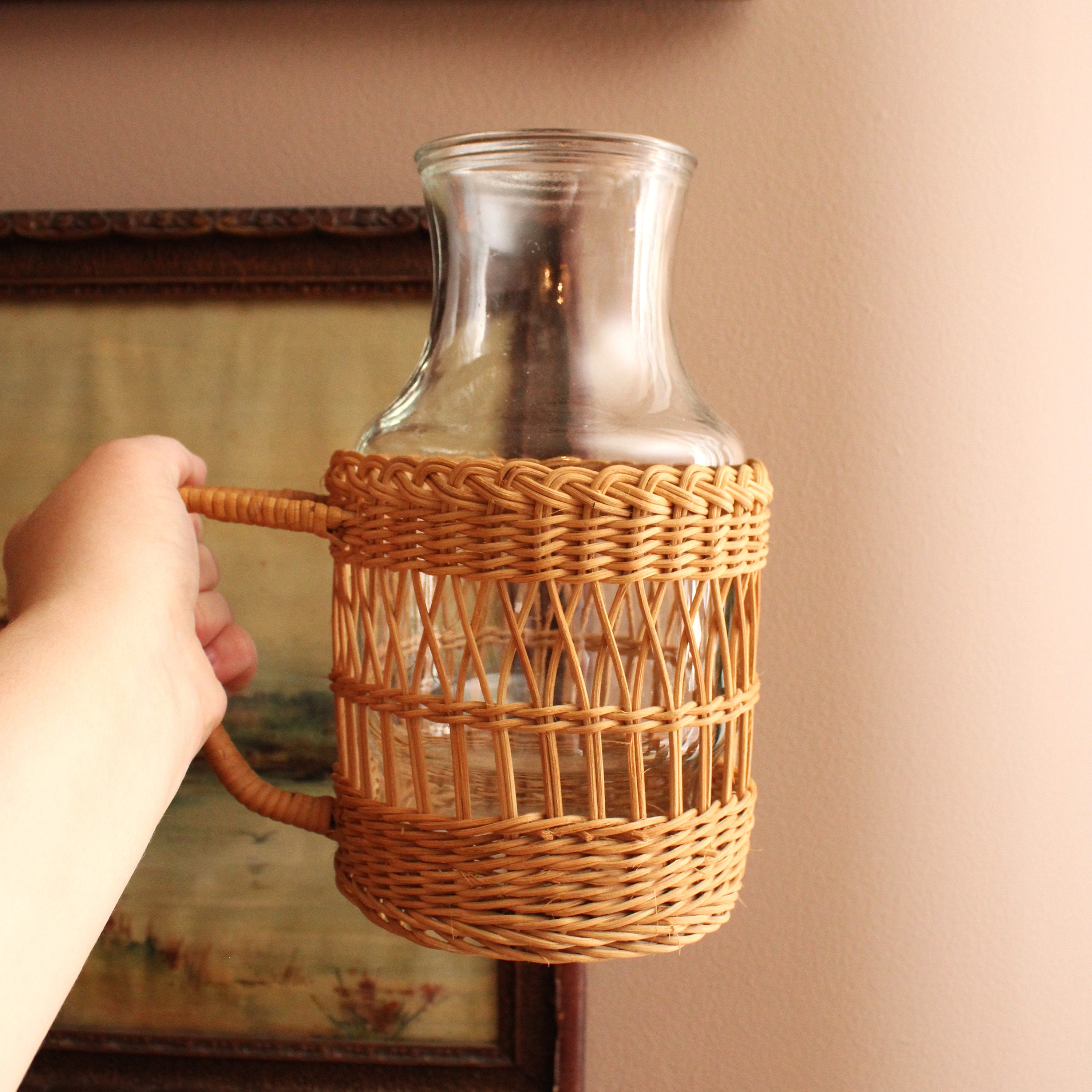 Vintage Rattan Cup and Lemonade Pitcher Set, Wicker Wrapped, Tea for ...