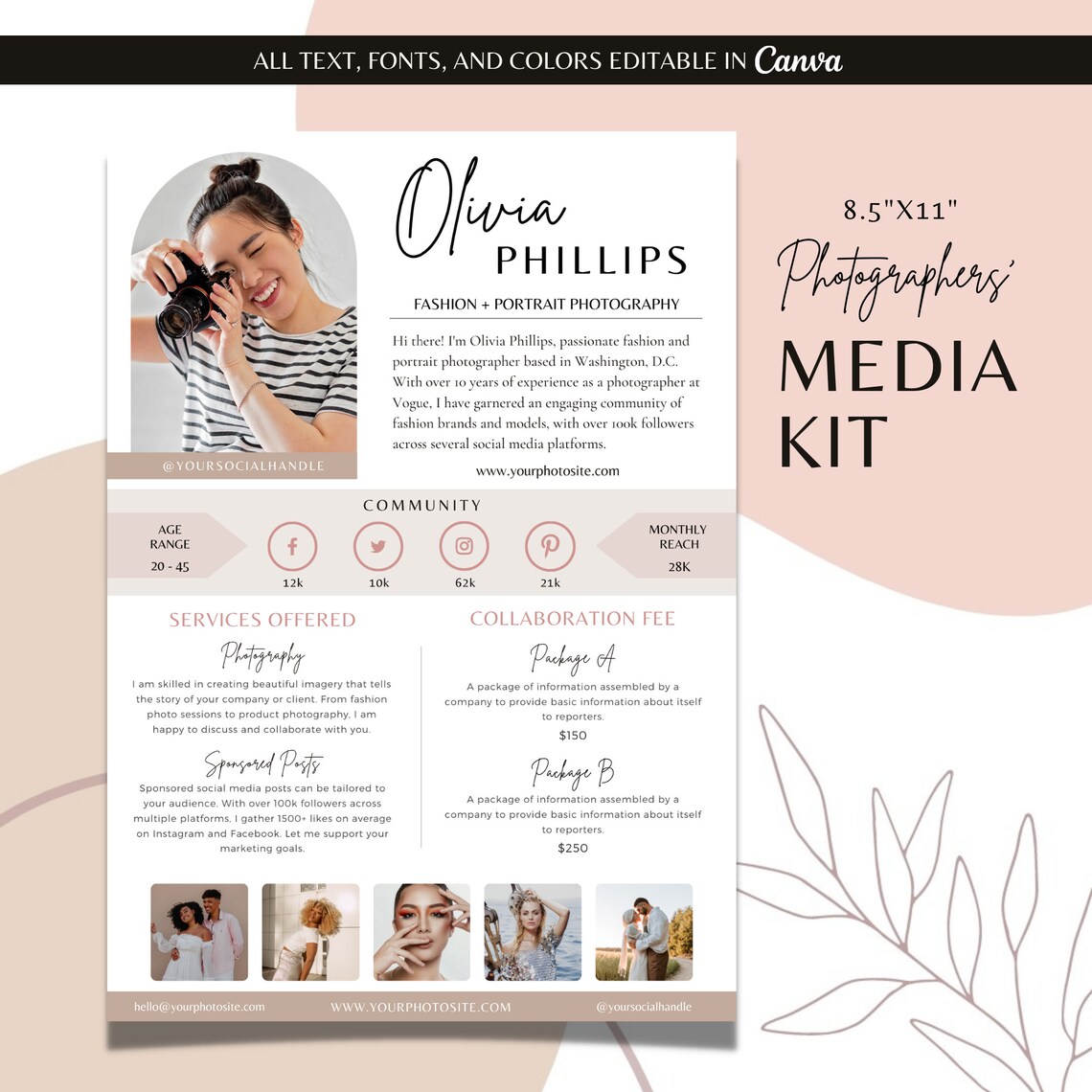 One Page Media Kit Templatemedia Kit Canvasocial Media - Etsy