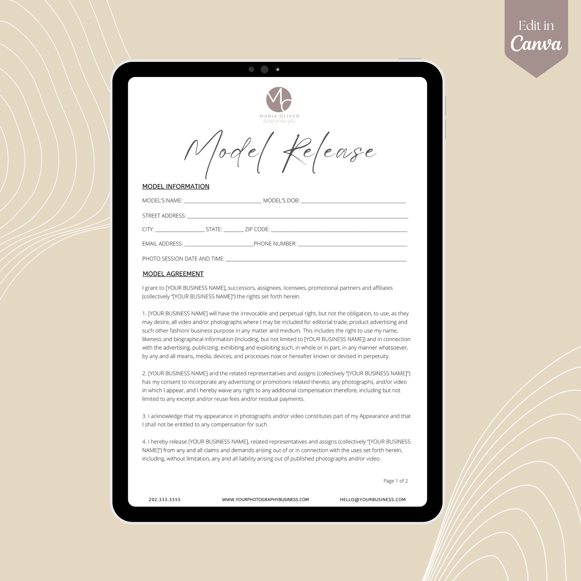 Photography Model Release Templatecanva Contract Templatediy - Etsy