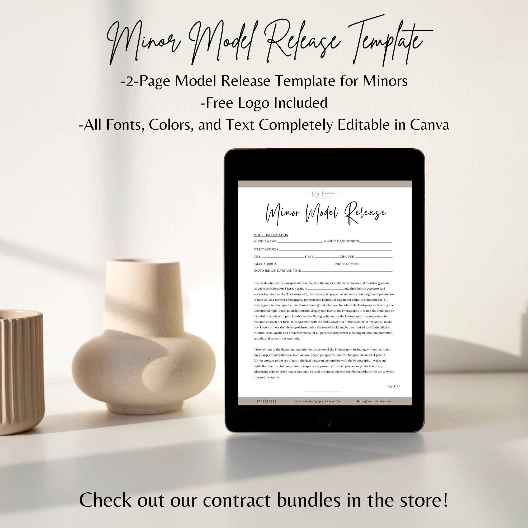 Minor Model Release Template Canva Contract Template Minor - Etsy