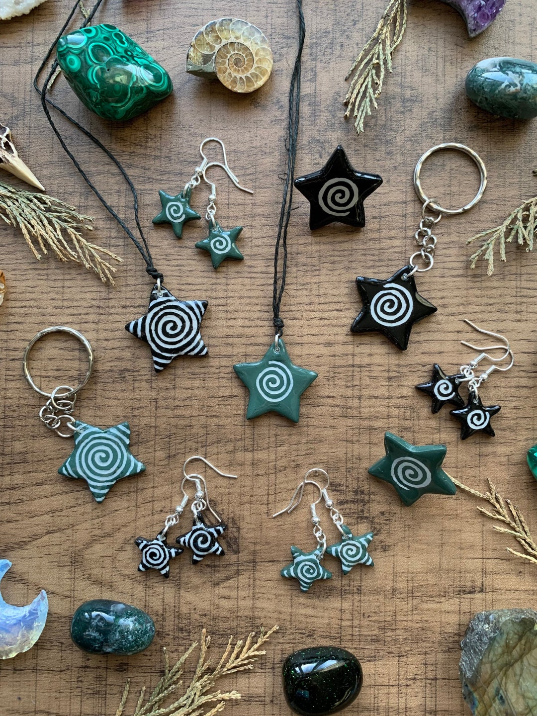 Spiral Star Clay Charm Necklaces, Earrings, Keyrings, Phone Charms and ...