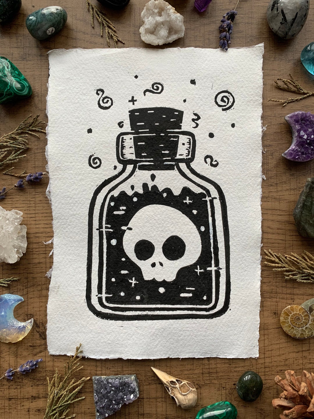 Spell Bottle Lino Print A5 Witch Goblincore Mystic Skull Pagan ...
