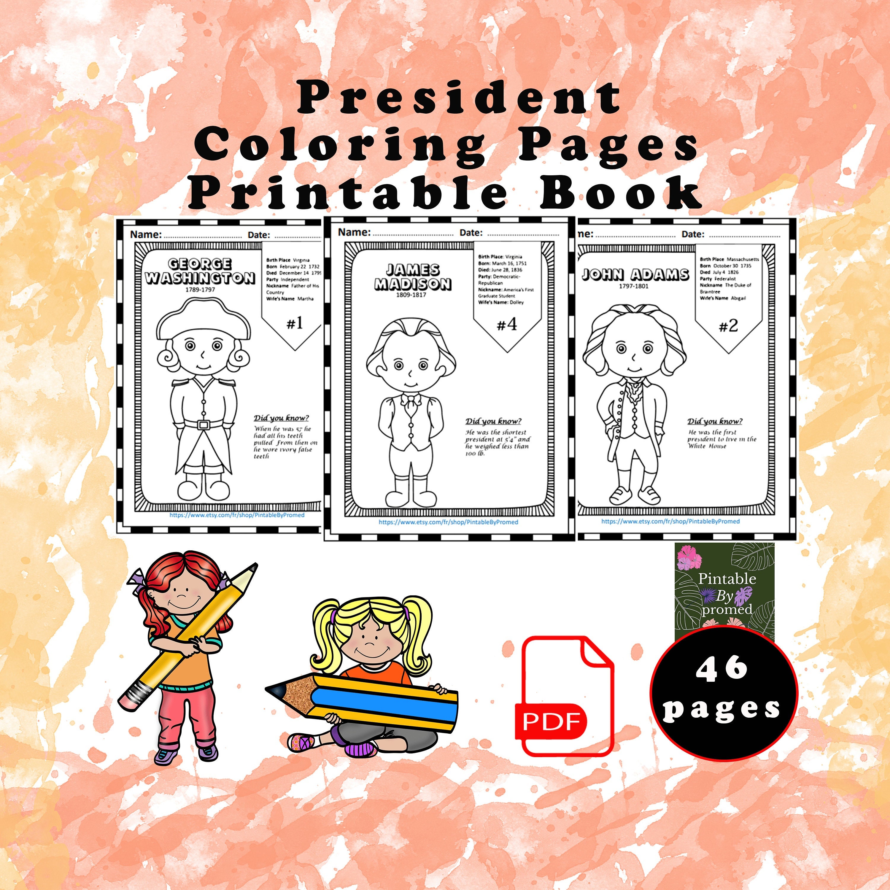 US PRESIDENTS Coloring Page Book Printables, Homeschool Curriculum ...