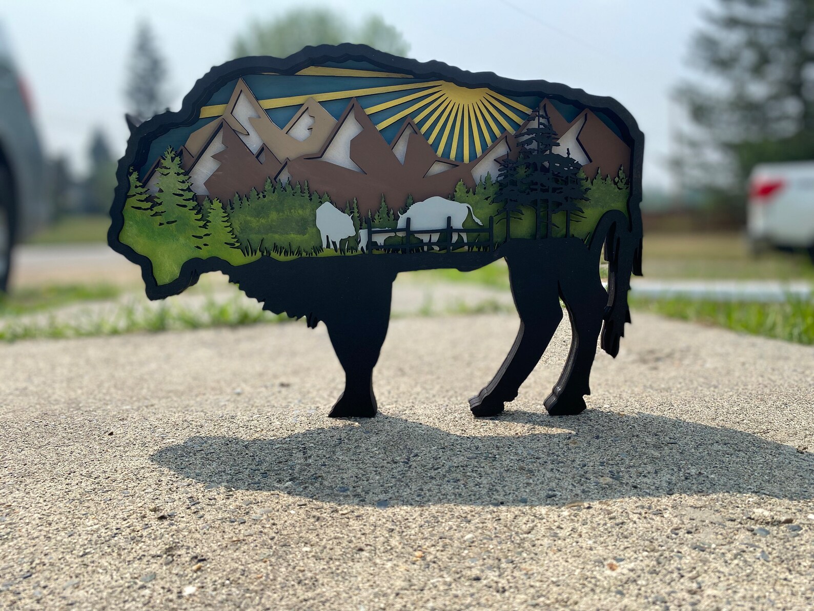 Bison SVG Multilayered File With Mountains and Trees SVG Glowforge ...