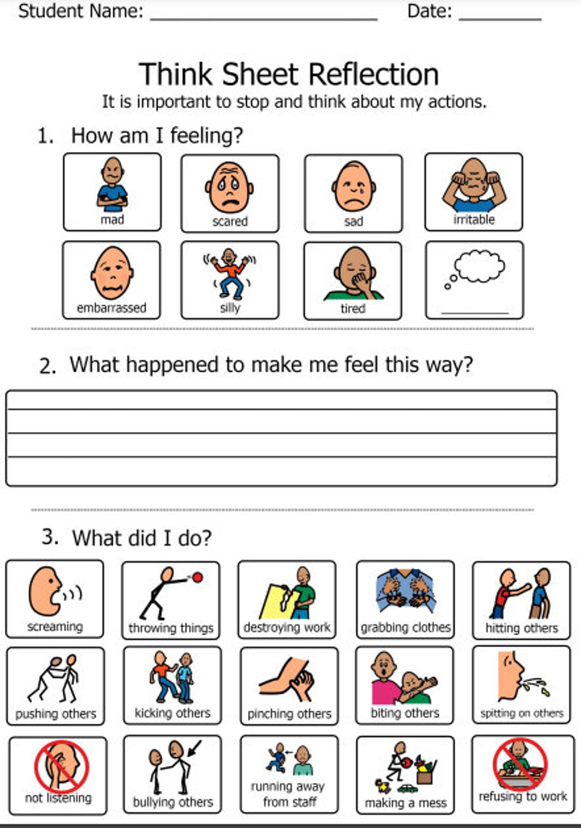 Boardmaker Social Emotional Behavioral Self Reflection Form/think Sheet ...