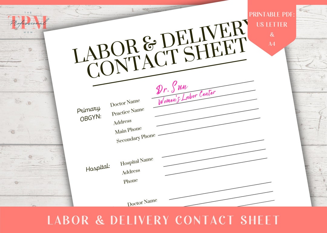 PREGNANCY HOSPITAL CONTACT Sheet, Labor and Delivery Printable for ...