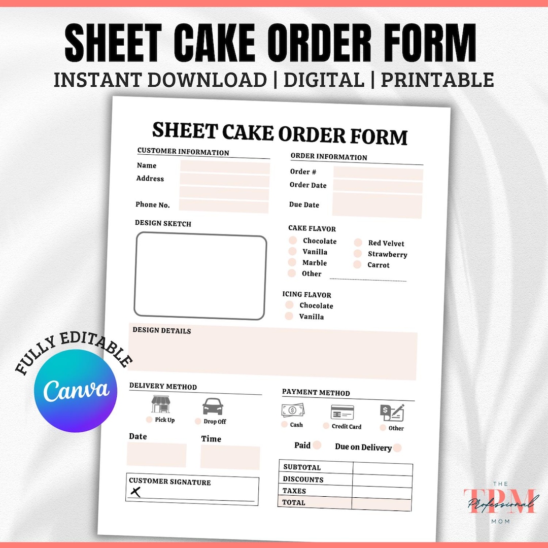 Sheet Cake Order Form Bundle, Custom Birthday Cake Editable Canva ...