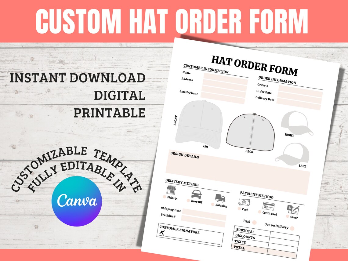 Custom Hat Order Form Editable Template, Hat Order Forms for Vinyl ...