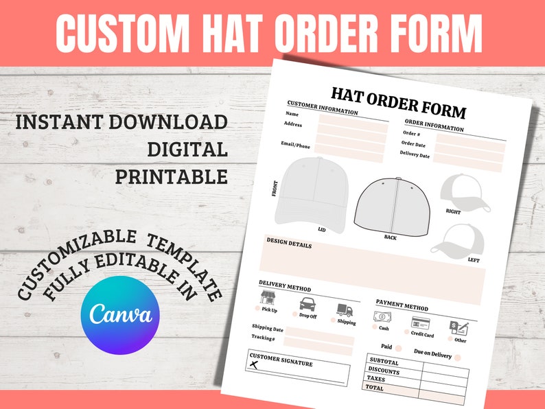 Custom Hat Order Form Editable Template, Hat Order Forms for Vinyl ...