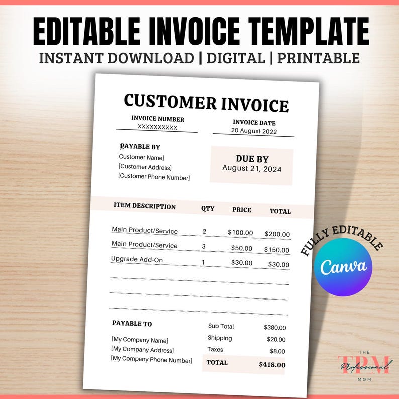 Editable Invoice Form, Order Invoice Template for Small Business ...
