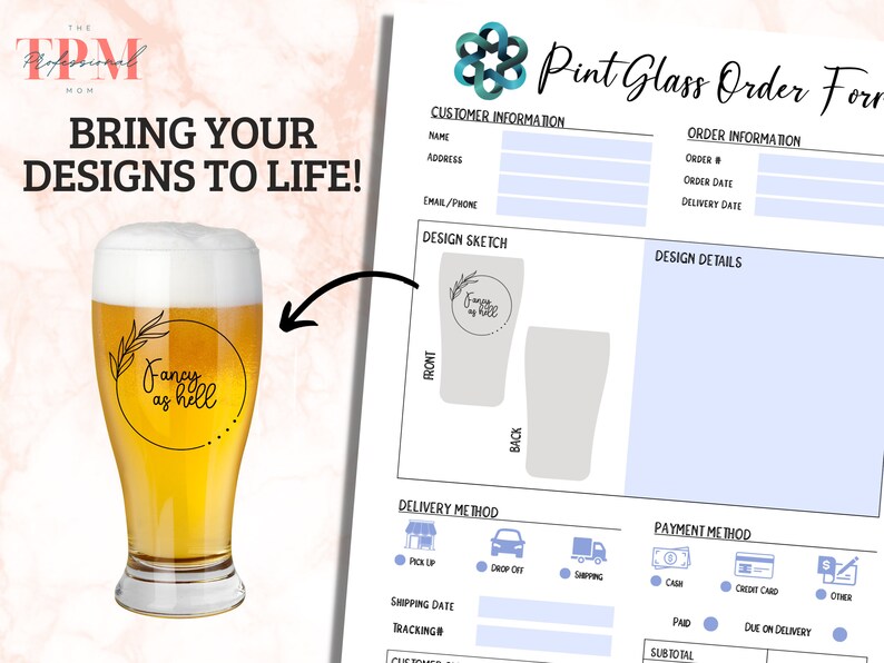 Pint Glass Order Form Editable Template, Custom Cup Order Forms ...