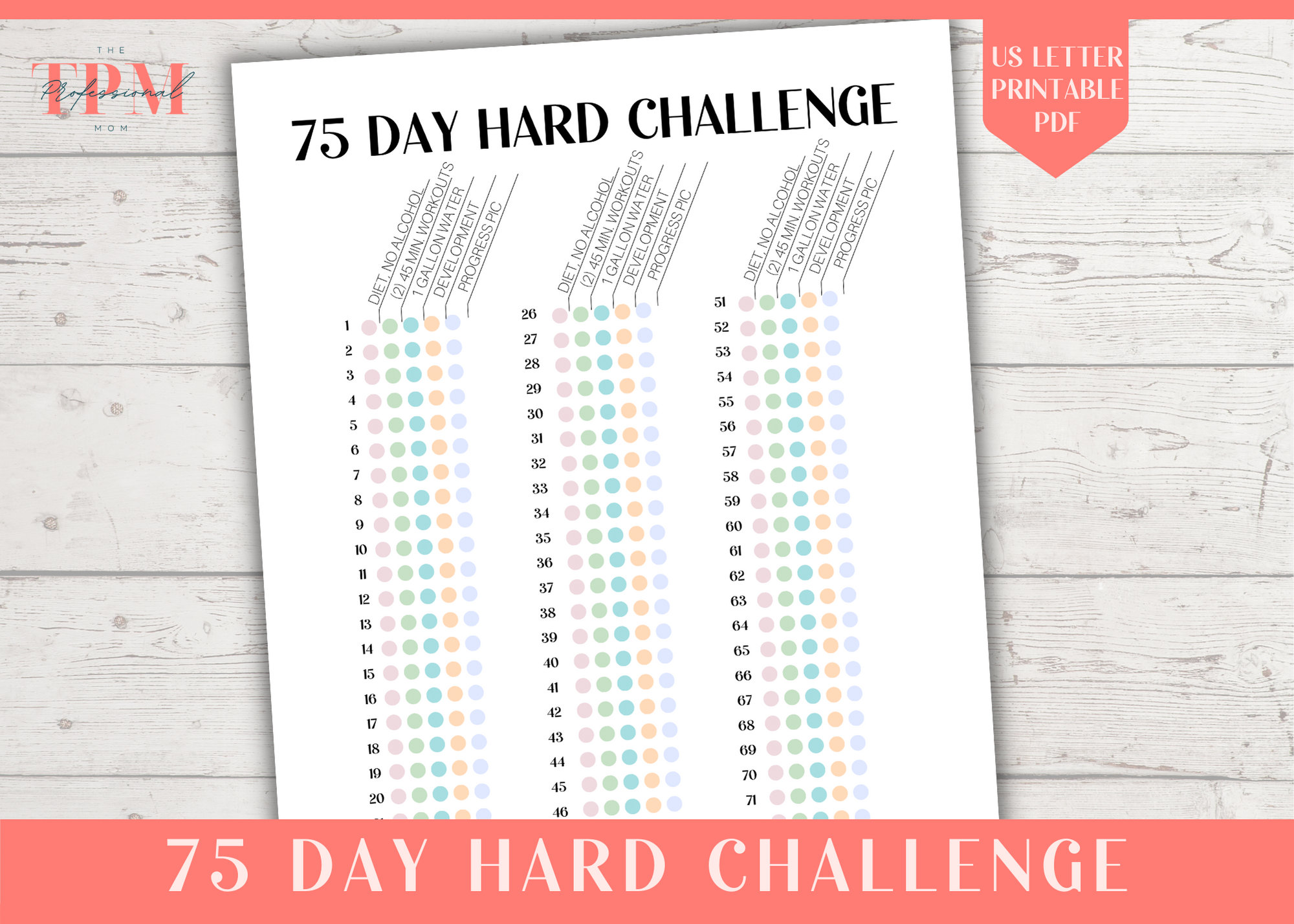 75 Hard Challenge Tracker, Color-coded Daily Challenge Printable PDF ...