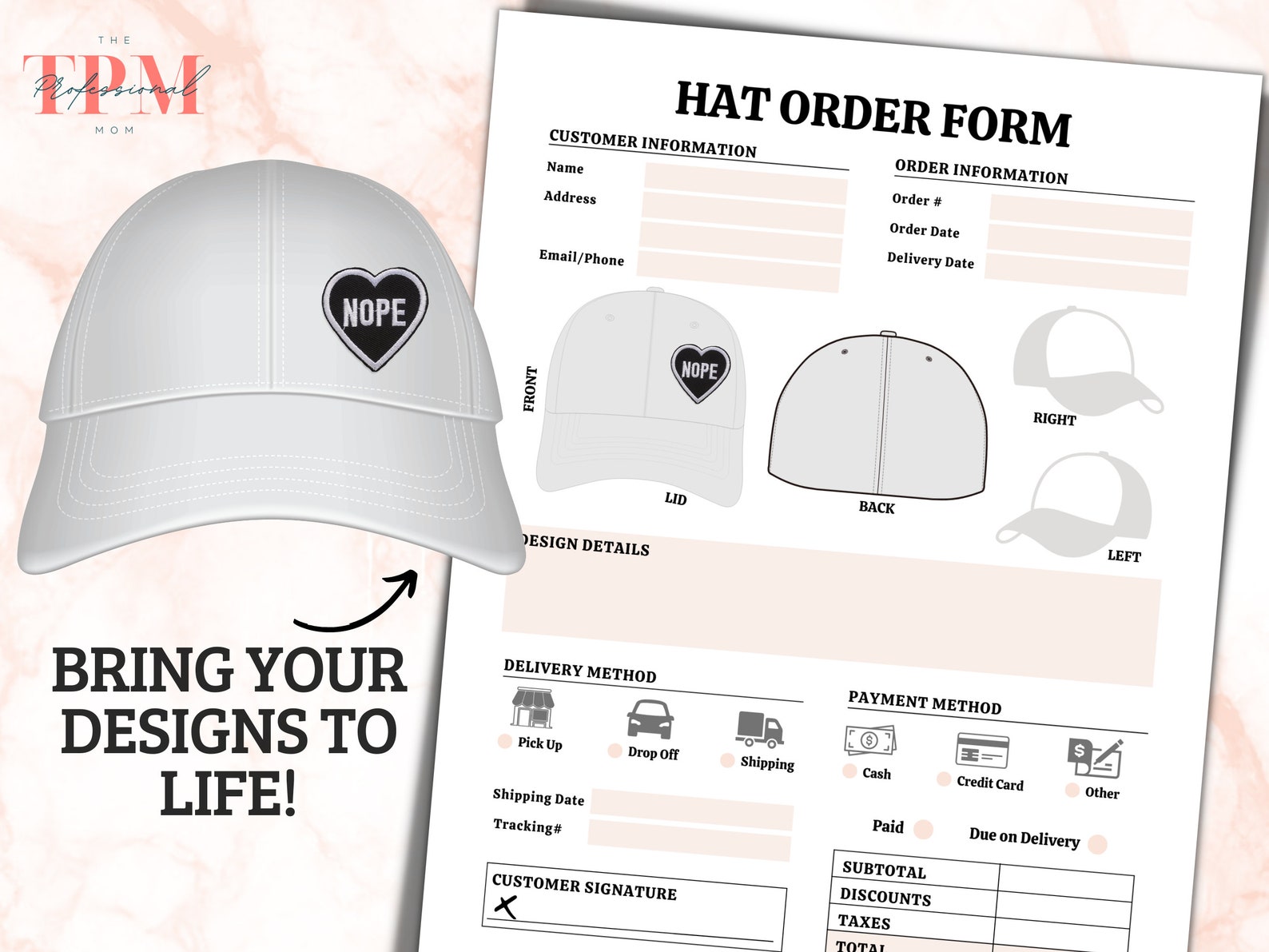 Custom Hat Order Form Editable Template, Fillable Hat Order Forms ...