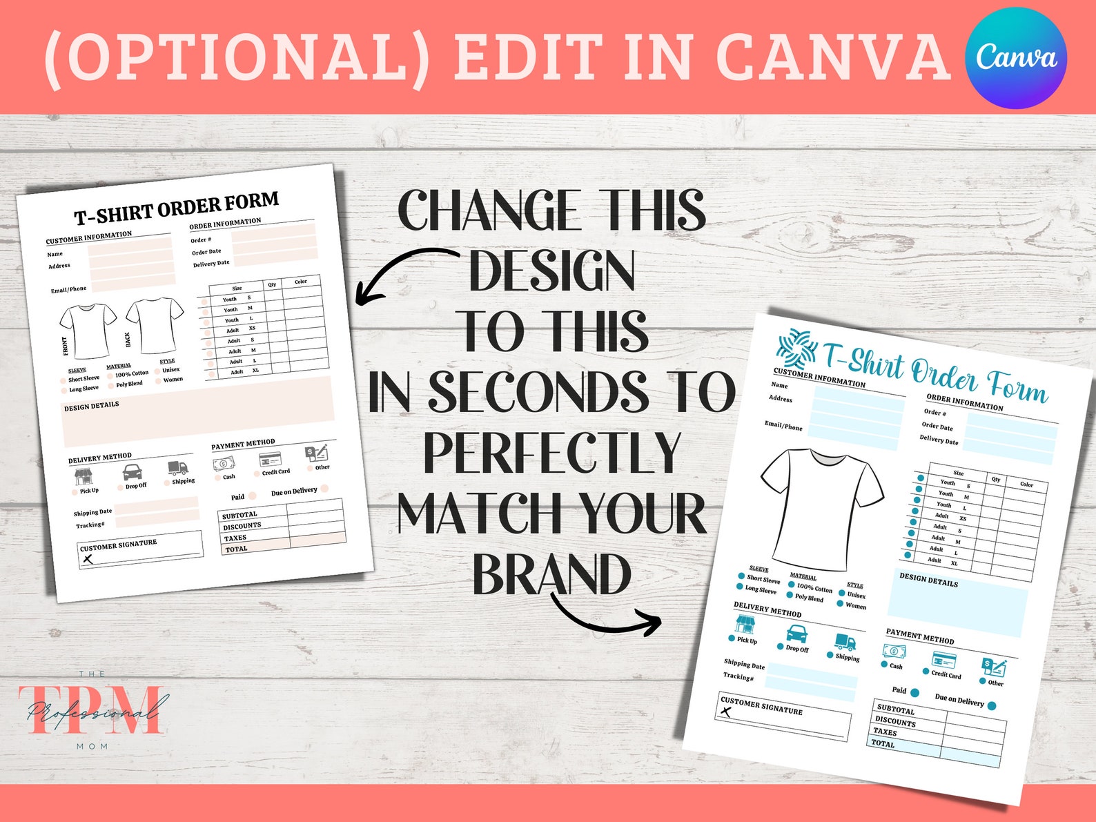 Custom Tshirt Order Form Editable Template, T-shirt Order Forms for ...