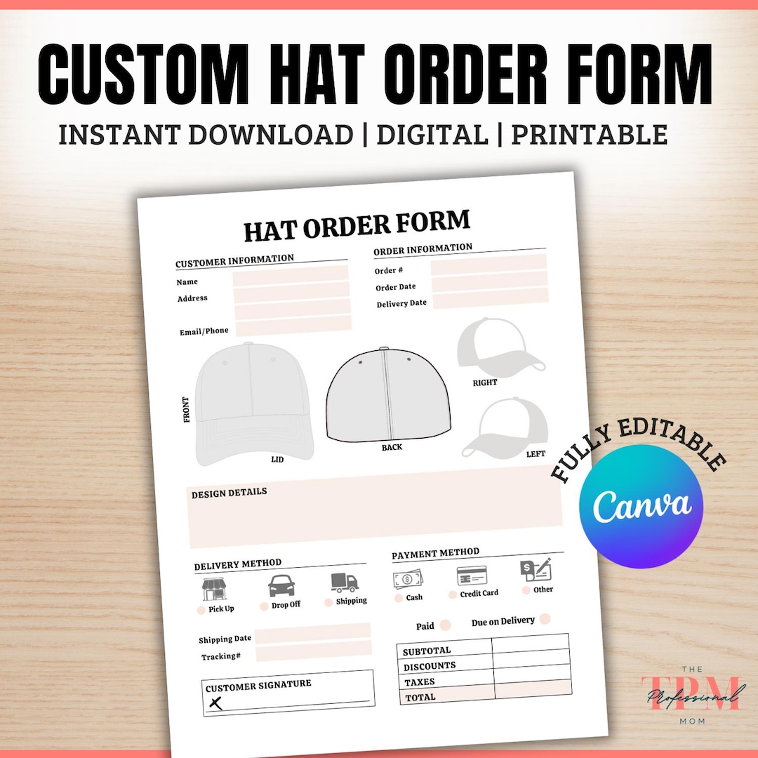 Custom Hat Order Form Editable Template, Fillable Hat Order Forms ...
