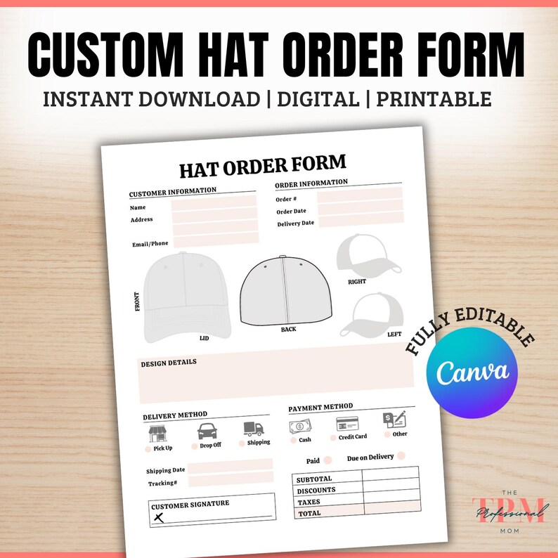 Custom Hat Order Form Editable Template, Fillable Hat Order Forms ...
