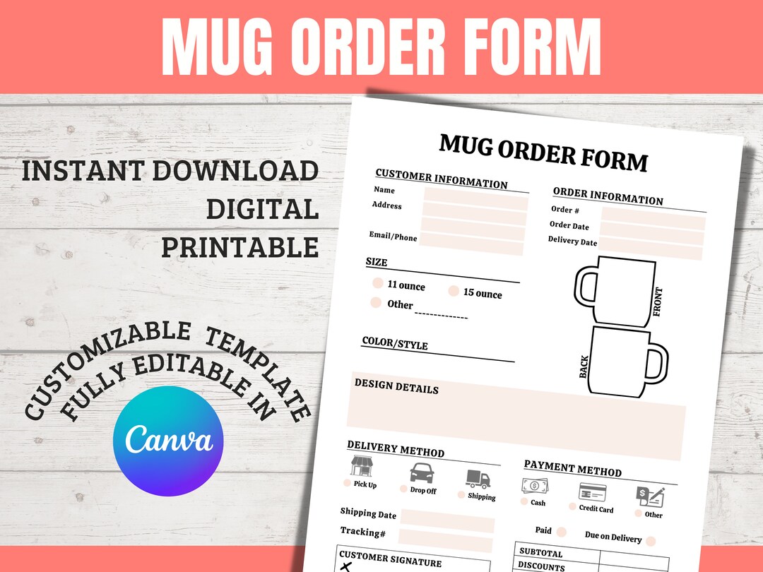 Coffee Mug Order Form Editable Template, Custom Cup Order Forms ...