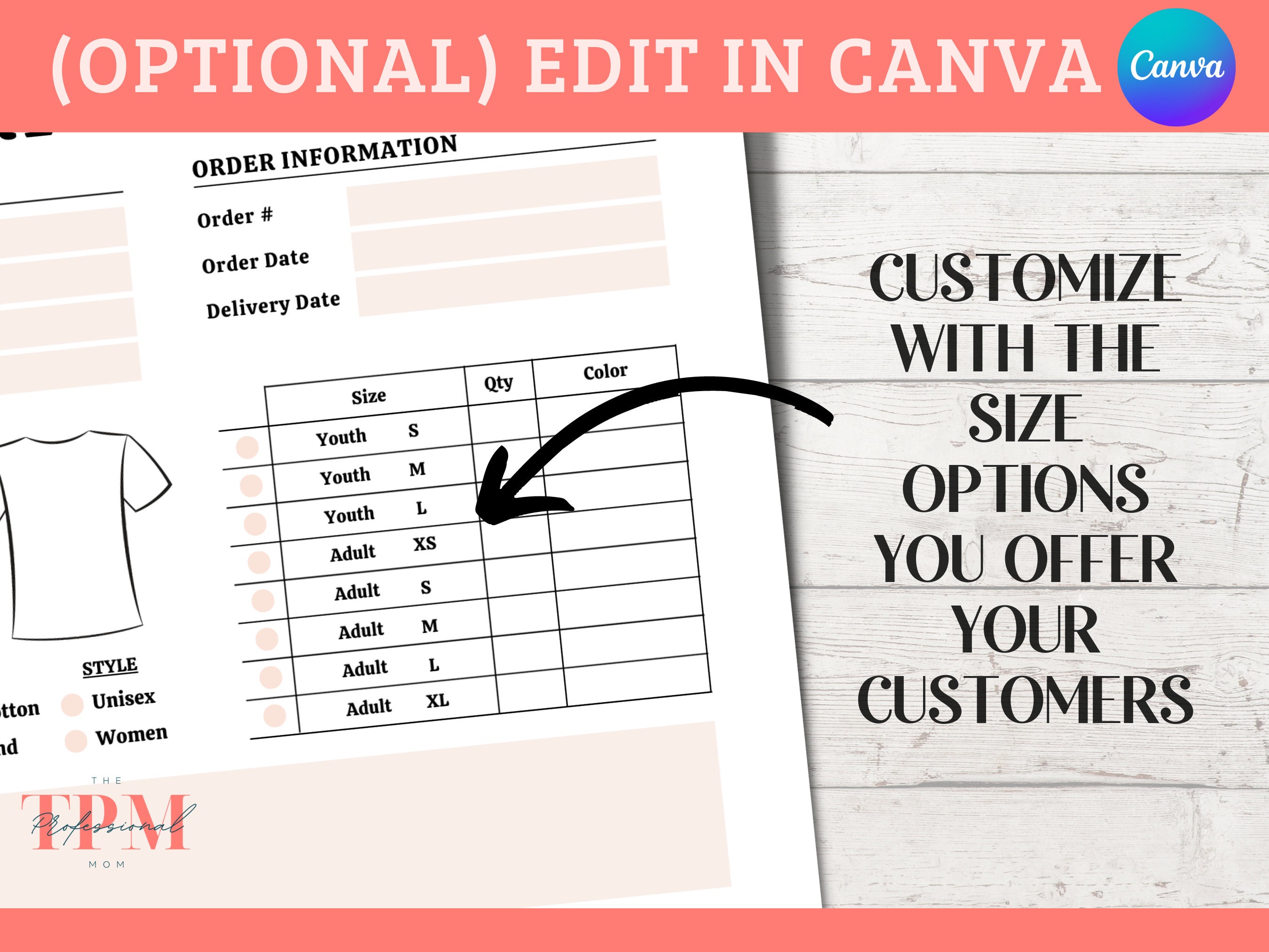 Custom Tshirt Order Form Editable Template, T-shirt Order Forms for ...