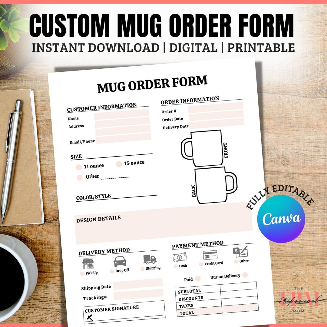 Custom Mug Order Form Editable Template, Custom Cup Order Forms, Printable Digital Crafter Small ...