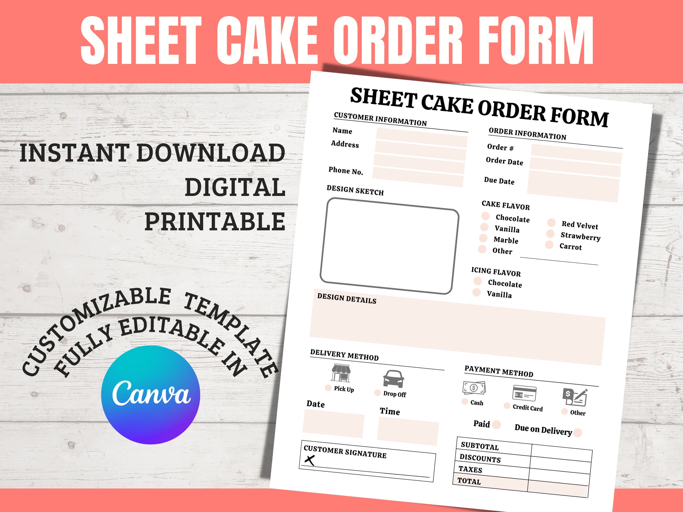 Sheet Cake Order Form Bundle, Custom Birthday Cake Order Form Template ...
