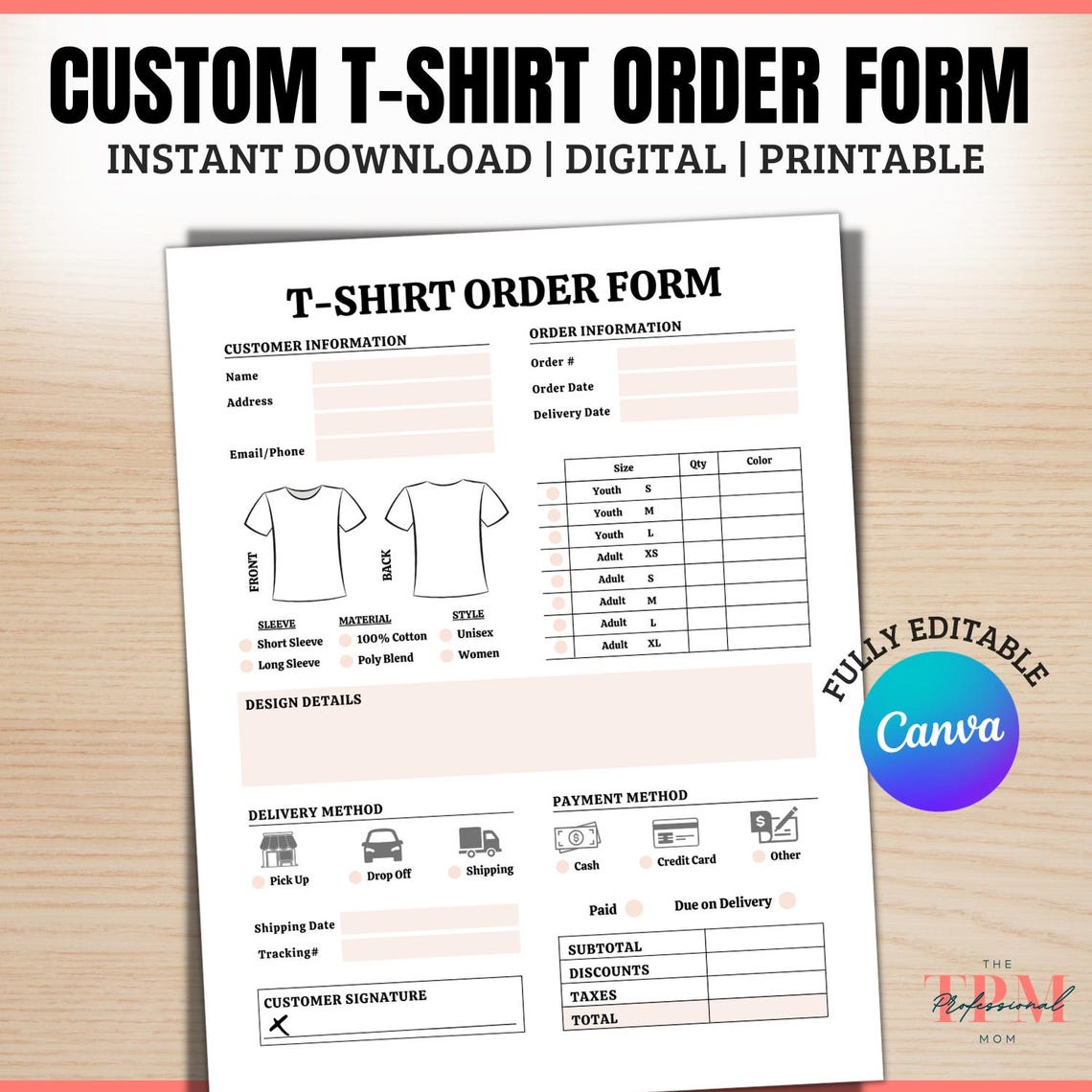 Custom Tshirt Order Form Editable Template, T-shirt Order Forms for ...