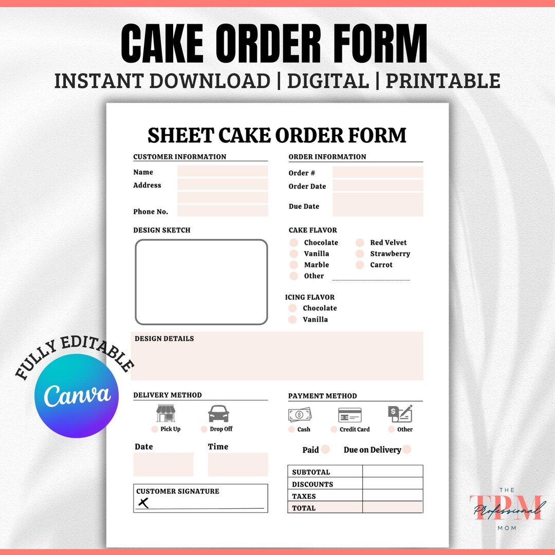 Sheet Cake Order Form Bundle, Custom Birthday Cake Editable Canva ...