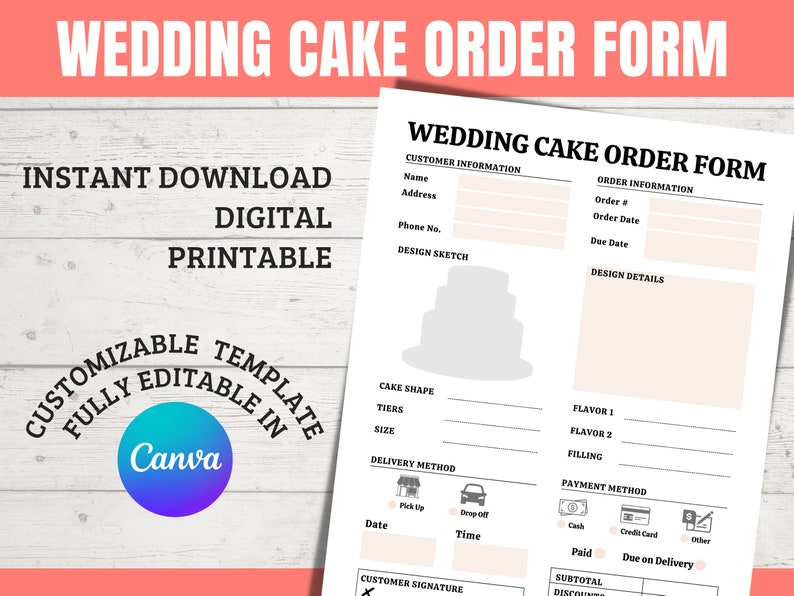 Wedding Cake Order Form Bundle, Custom Cake Order Form Template ...