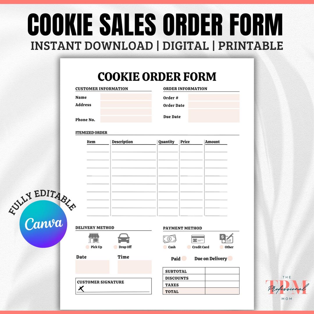 Cookie Sales Order Form, Editable Bakery Business Forms, Cookie Making ...