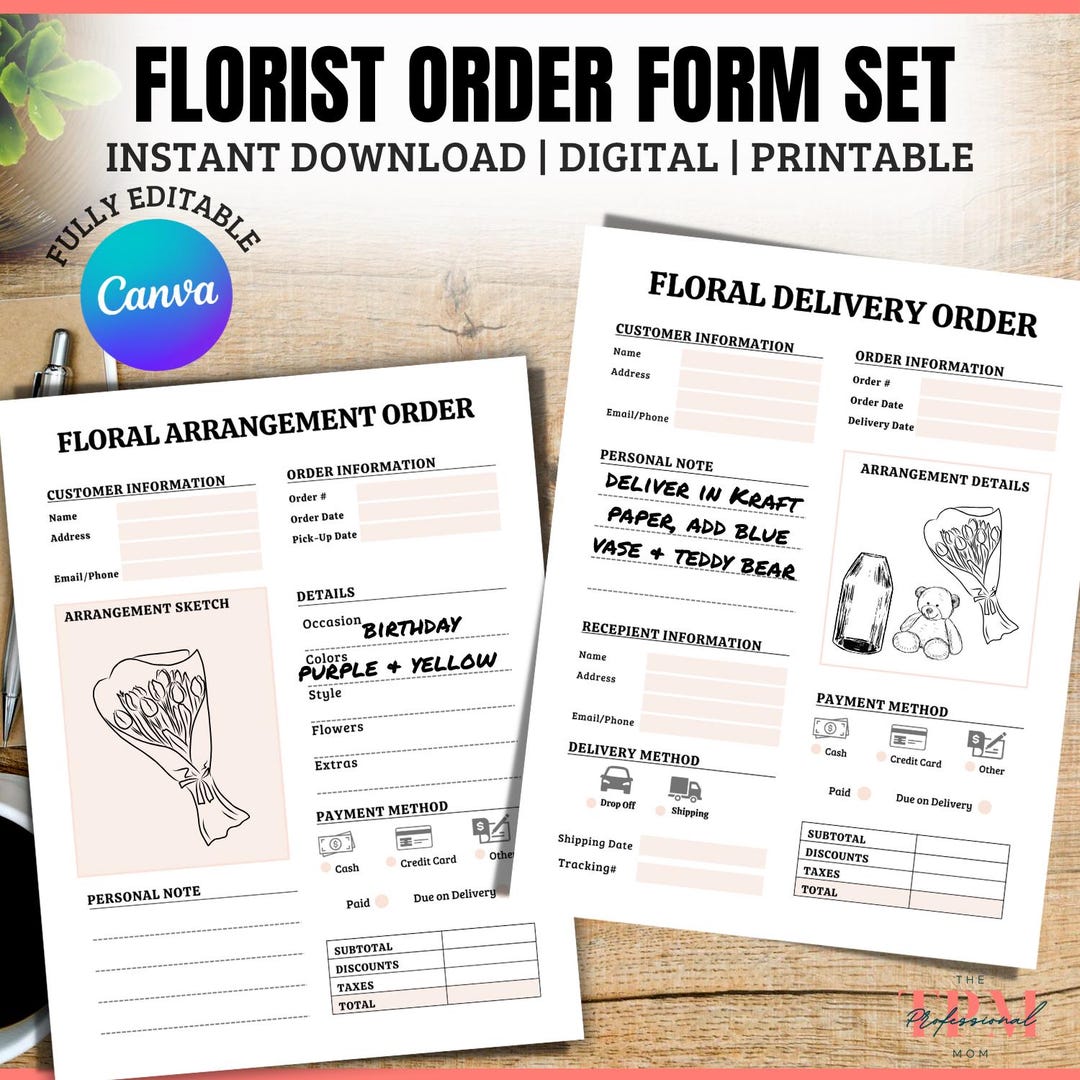 Florist Order Forms Editable Template Set, Editable Flower Bouquet ...