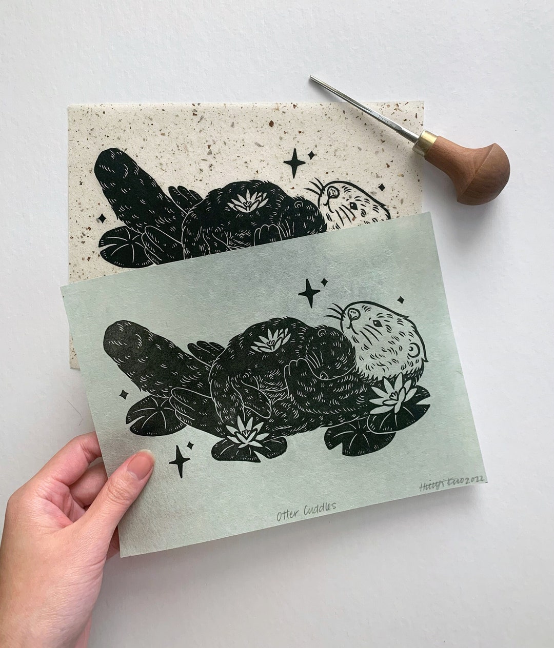 Sea Otters Cuddling Linocut Block Print // Cute Animal and Floral ...