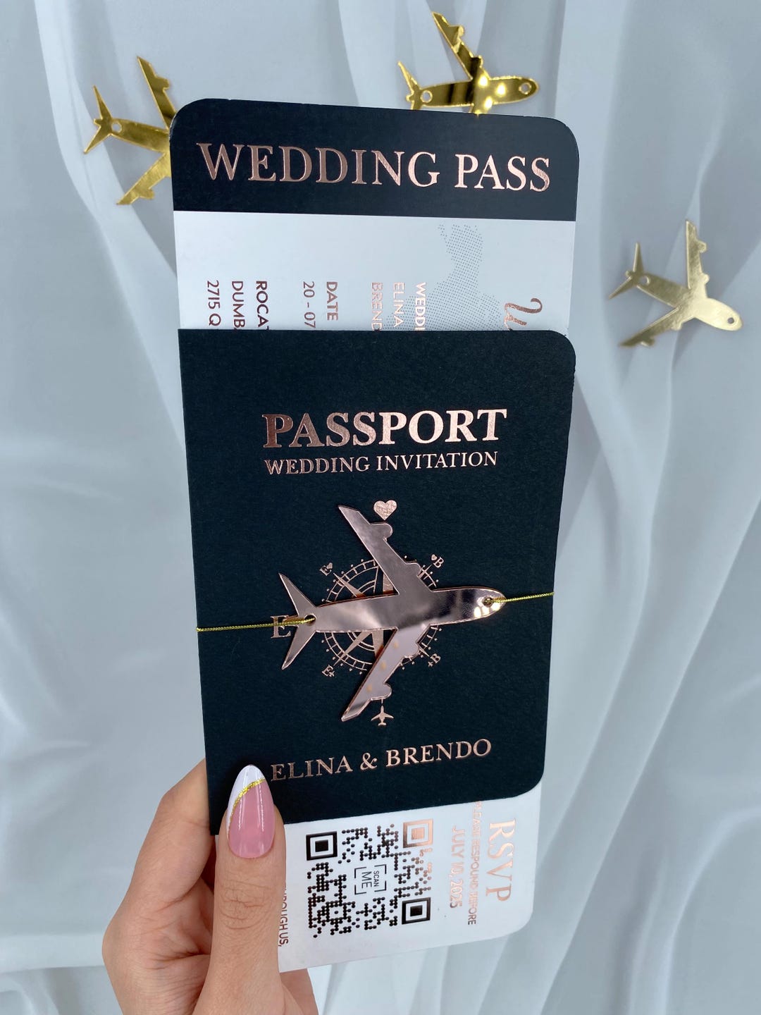 Luxury Passport Wedding Invitation, Black Envelope, Rose Gold Foil ...